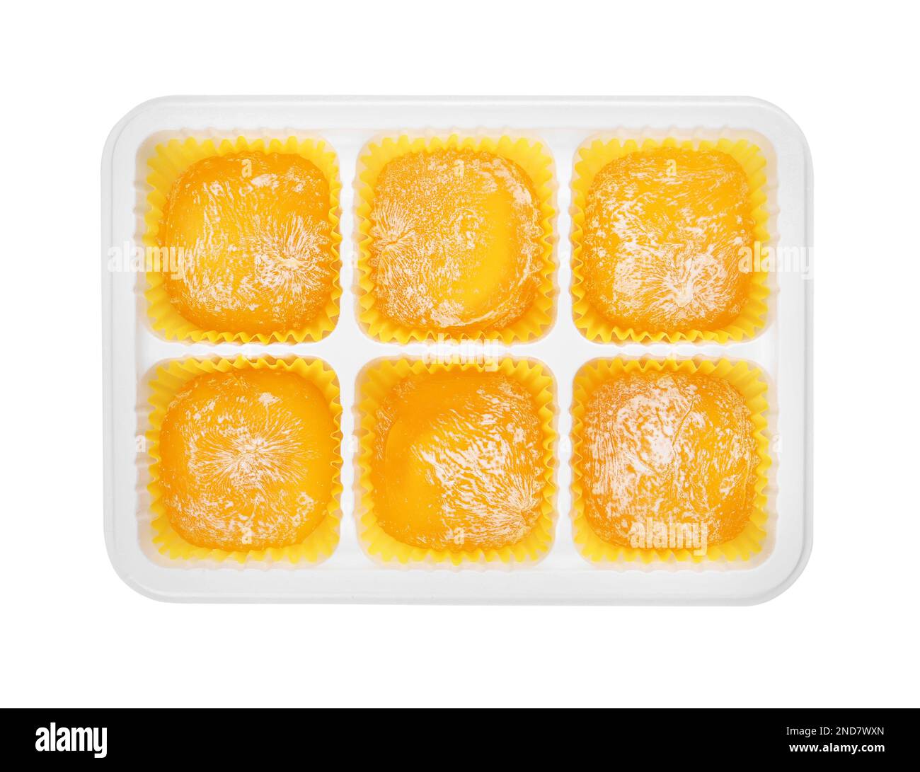 Plastic tray with delicious mochi on white background, top view ...