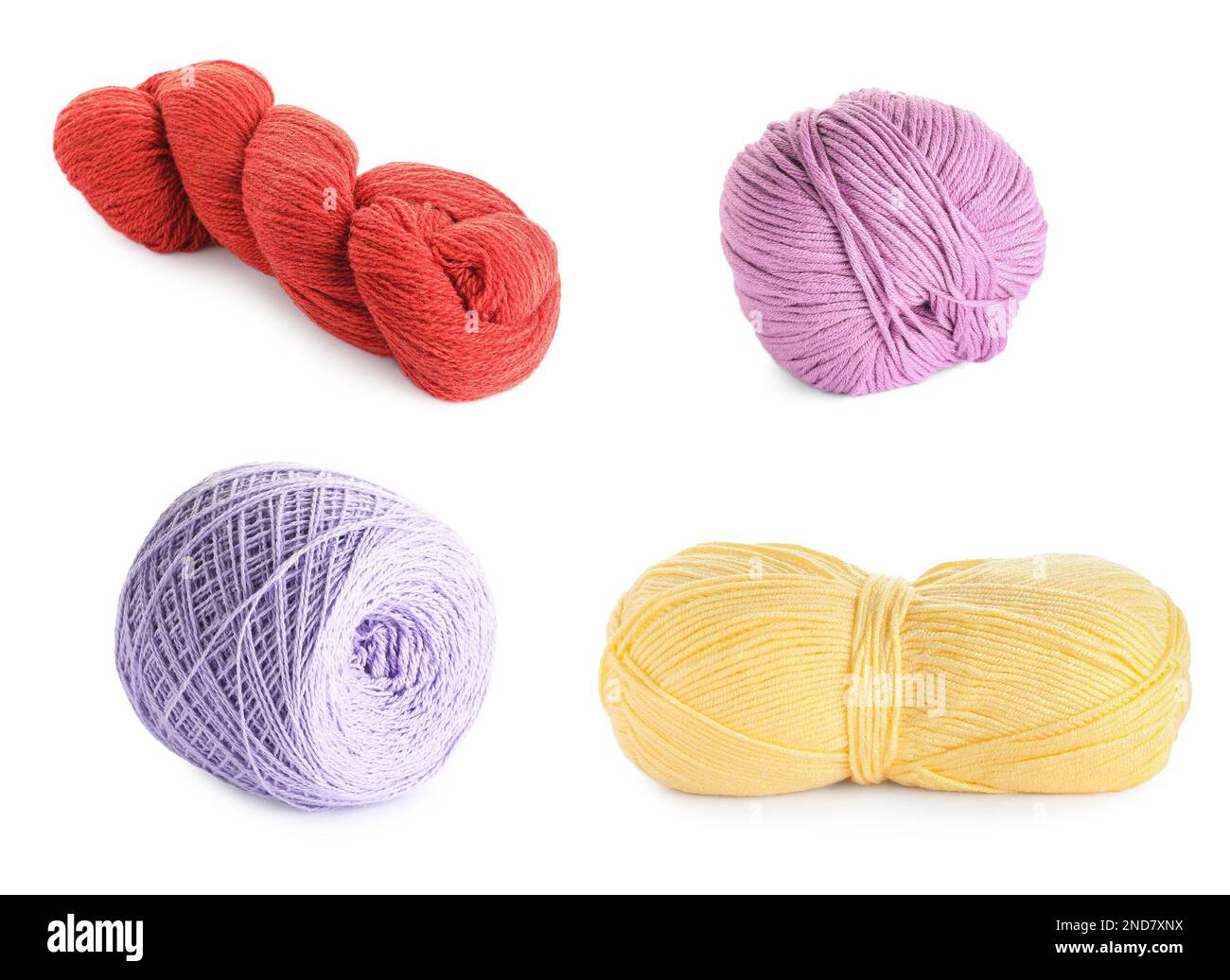 Set with different woolen yarns on white background Stock Photo - Alamy