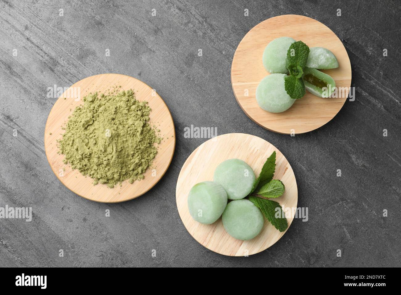 Delicious matcha mochi on grey table, flat lay Stock Photo - Alamy