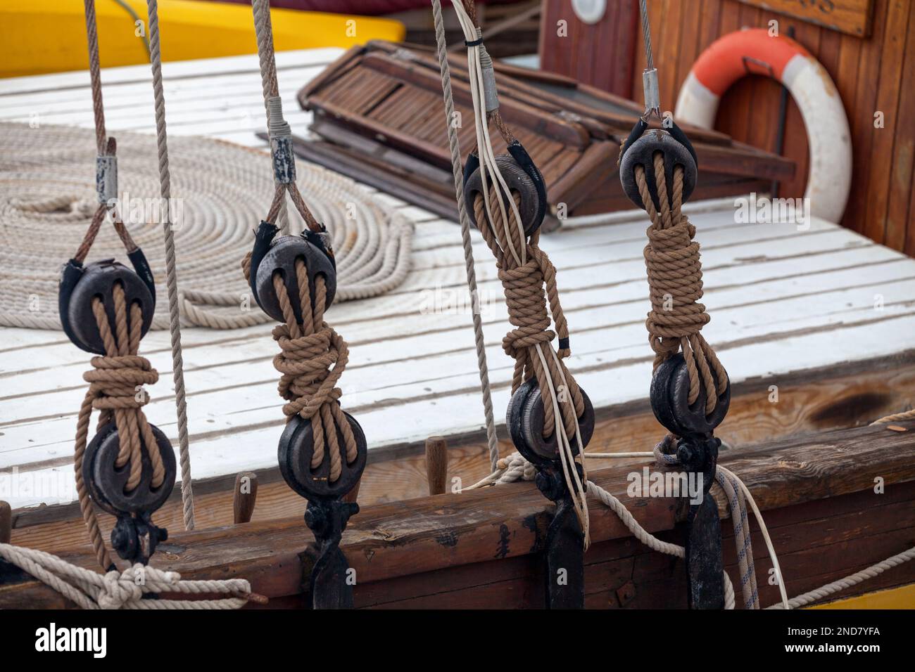 Wooden rope pulleys from an old Norwegian fishing boat built in 1937 ...