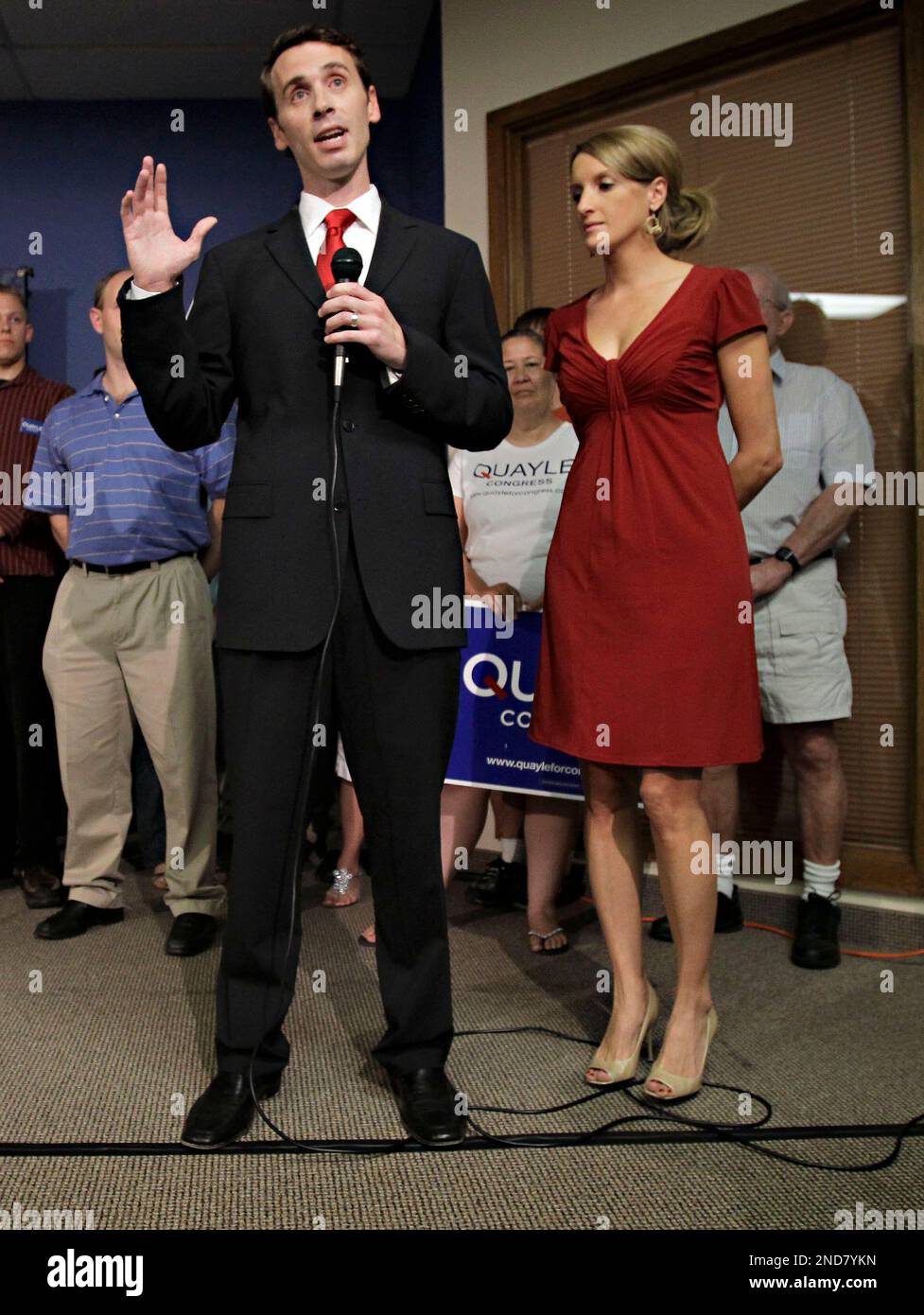 U.S. Congressional candidate Ben Quayle speaks as his wife, Tiffany ...