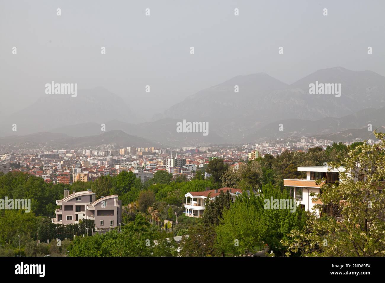 Aerial view of Tirana with the Mount Dajti in the fog Stock Photo - Alamy