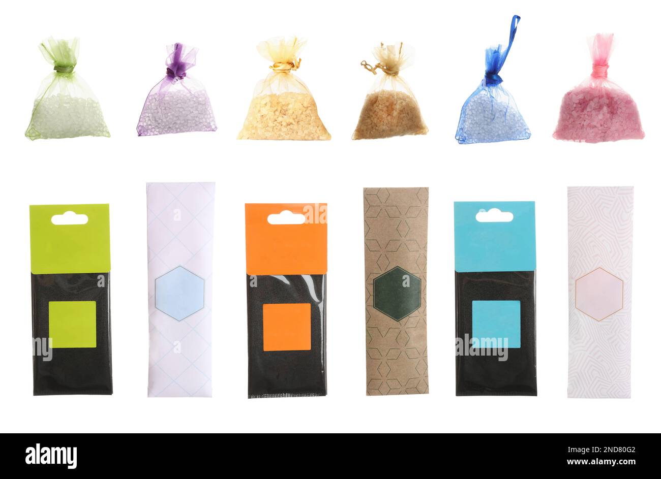 Set of scented sachets with different aromas on white background Stock ...