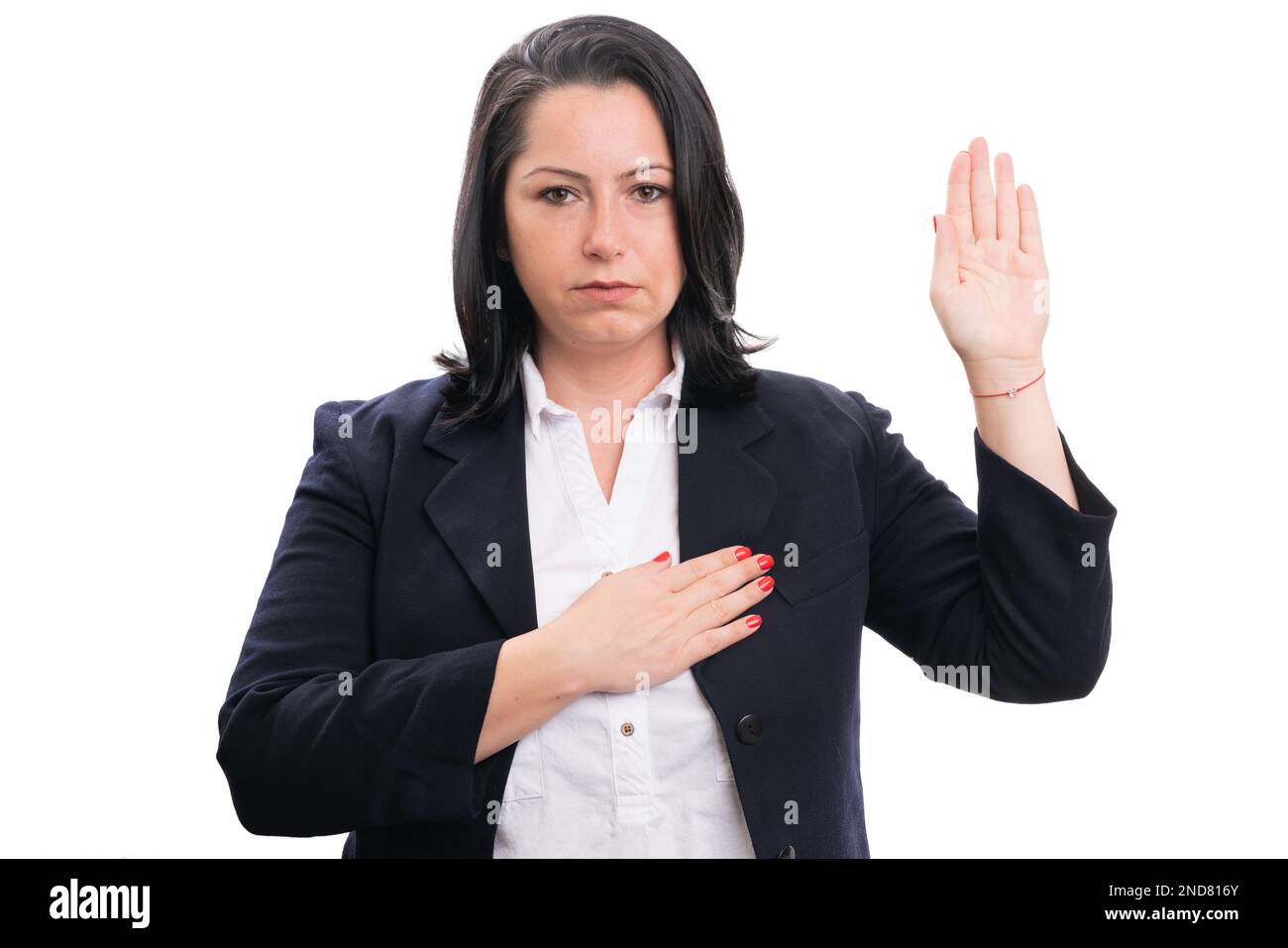 Adult businesswoman in formalwear with serious expression making honest ...
