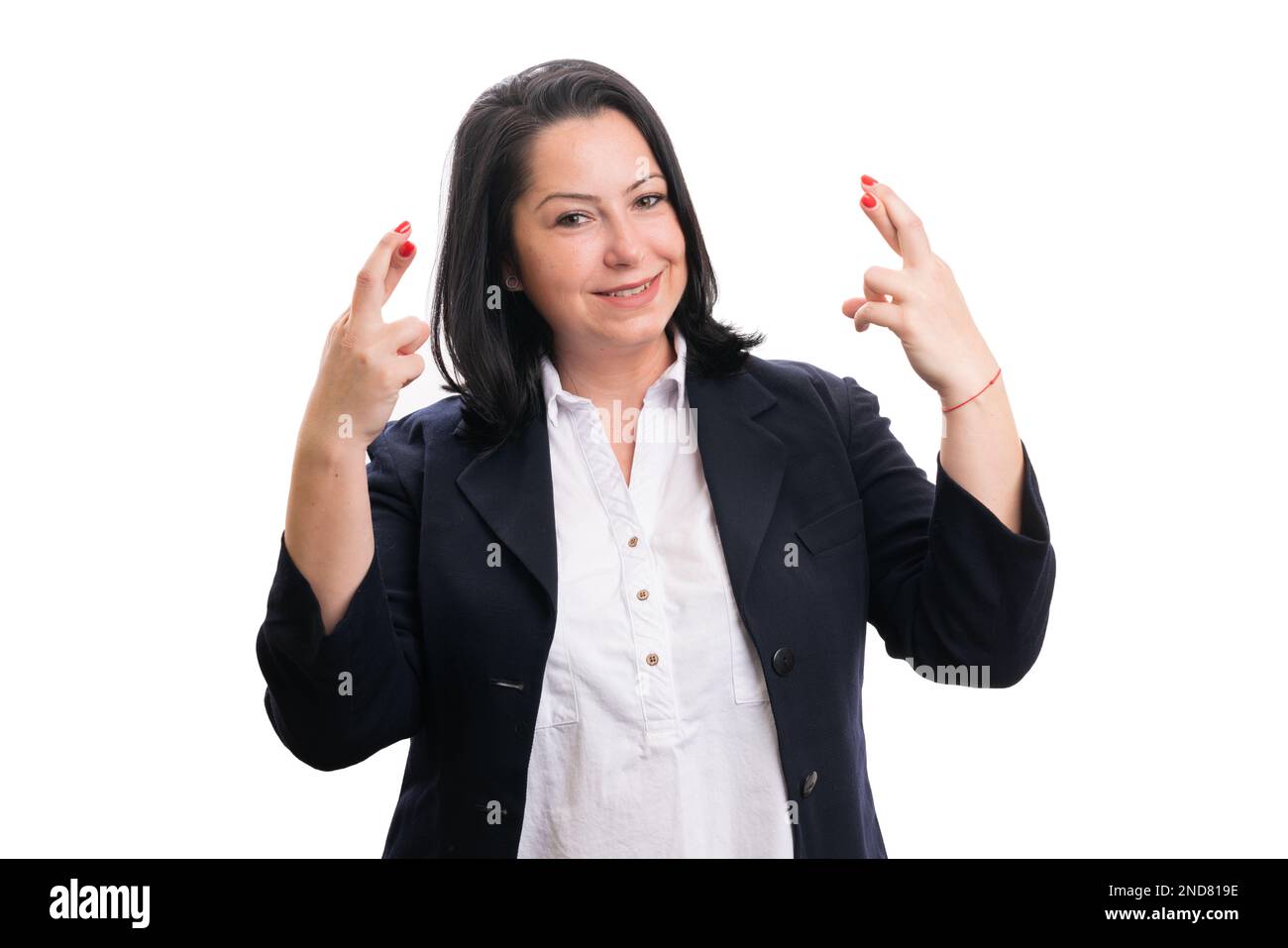 Friendly entrepreneur woman in formal suit smiling making double good ...