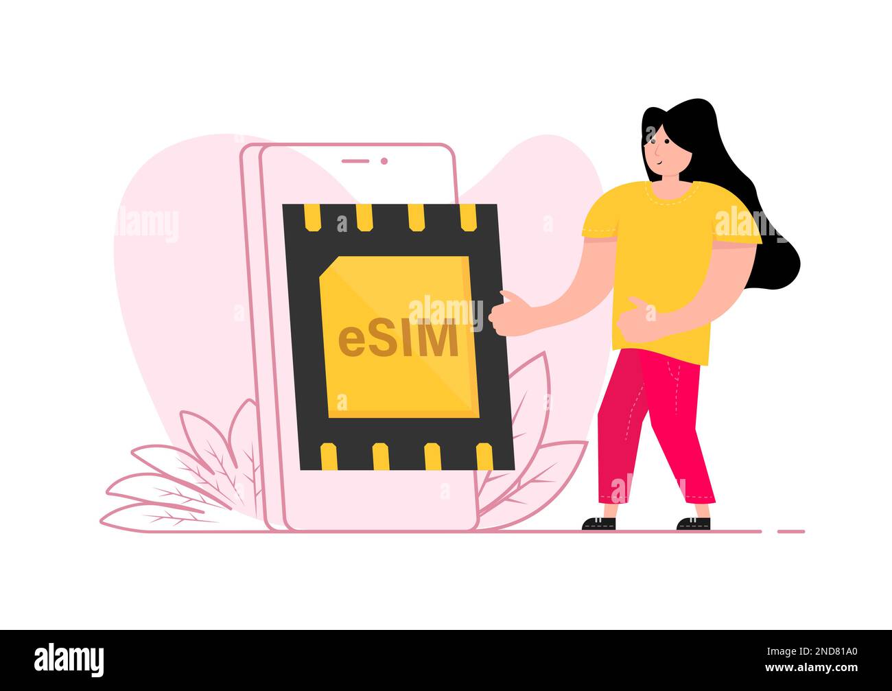 A man stands near the smartphone, on the screen eSim chip. Embedded SIM ...