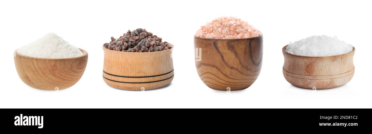 Set with different kinds of salt on white background. Banner design ...