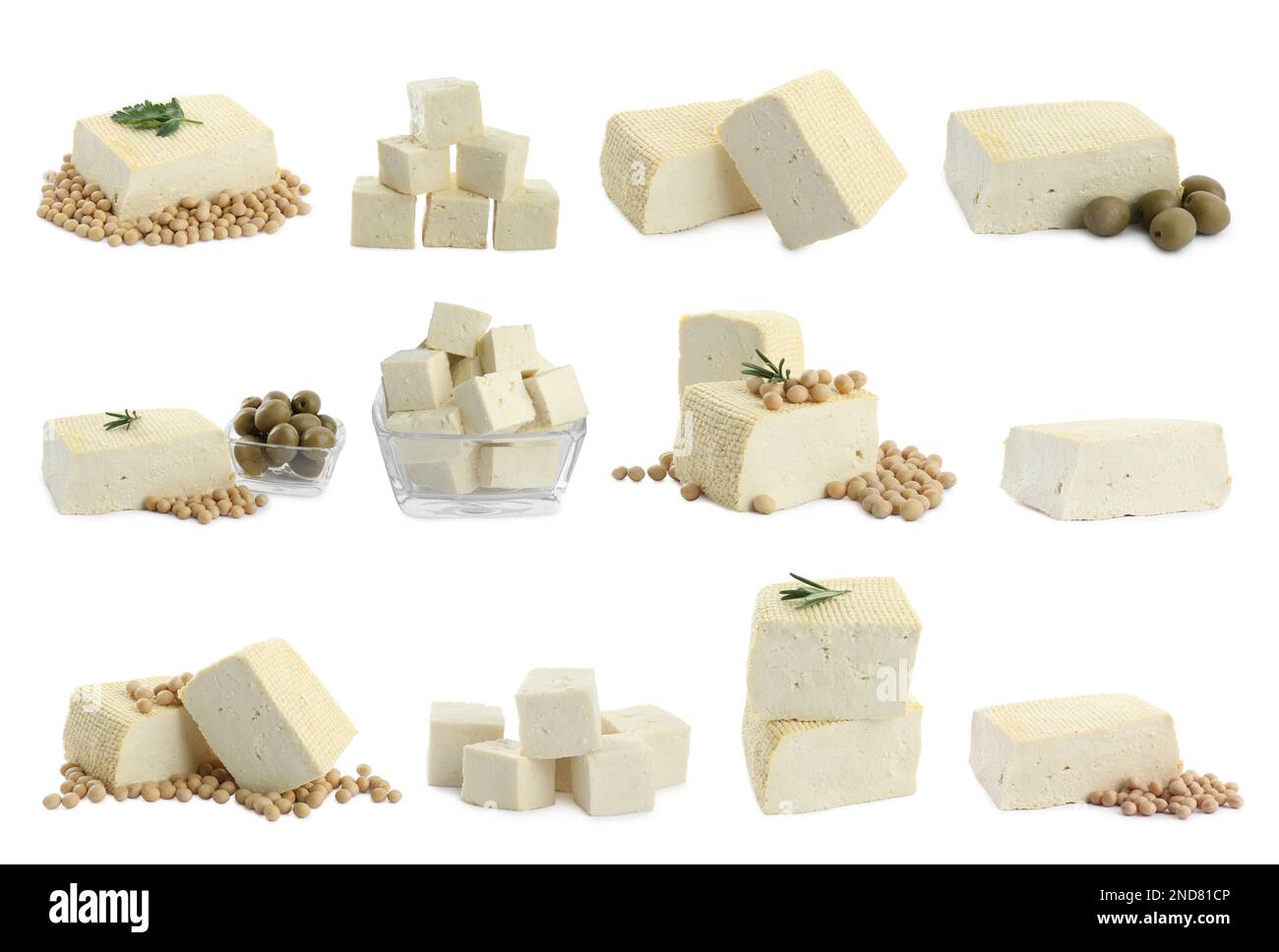 Set with delicious tofu on white background Stock Photo - Alamy