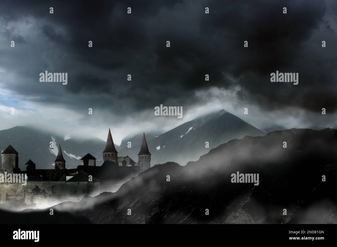 Fantasy world. Mystical castle and mountains covering with fog in night ...