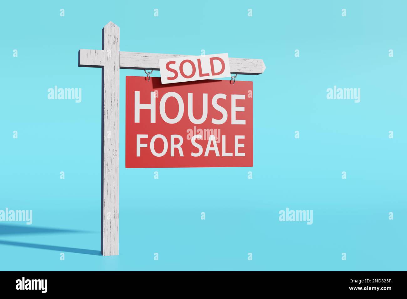 House for sale sign pole with a sold tag on cyan background ...