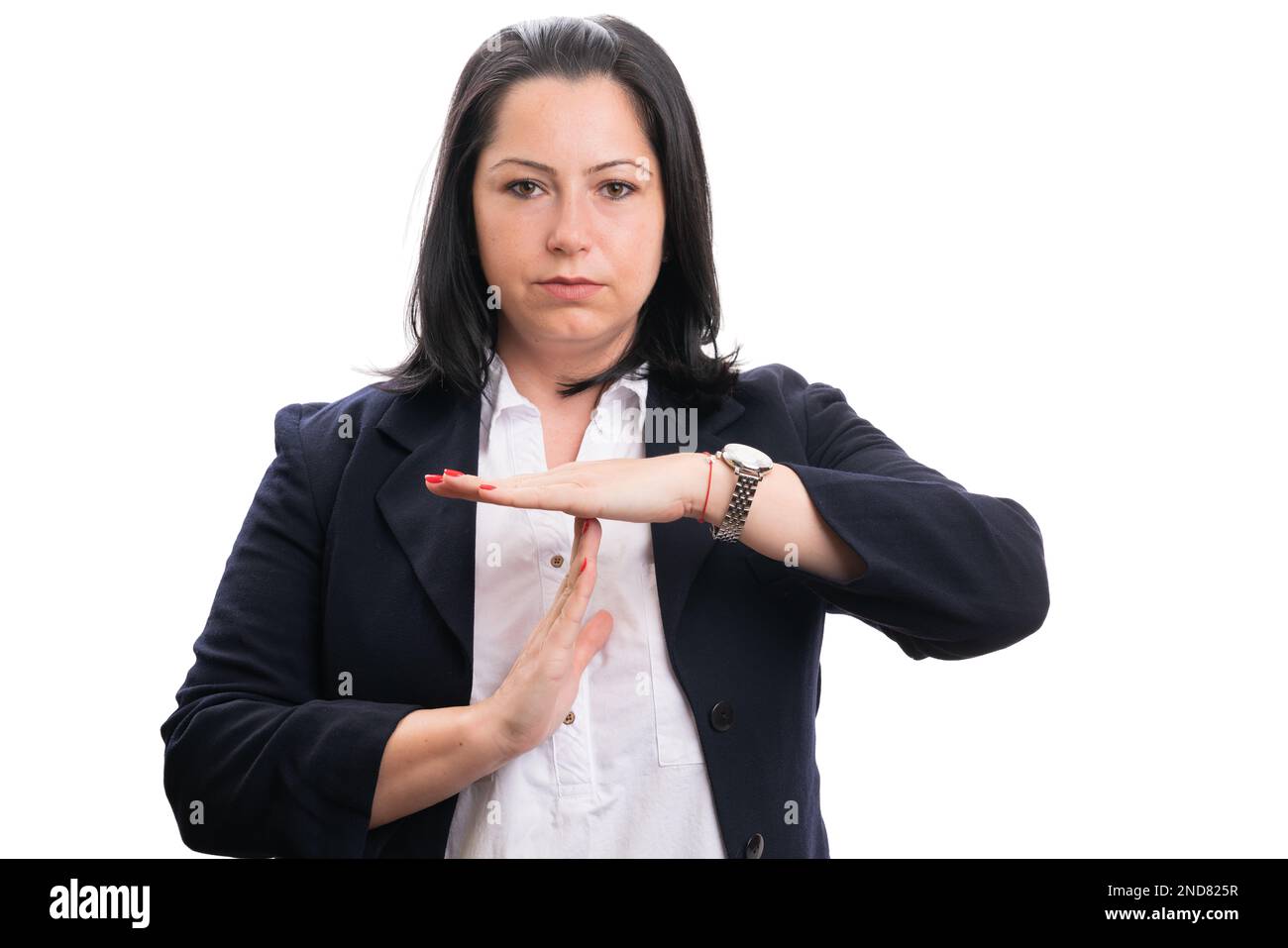 Serious adult entrepreneur woman making time out pause gesture with ...