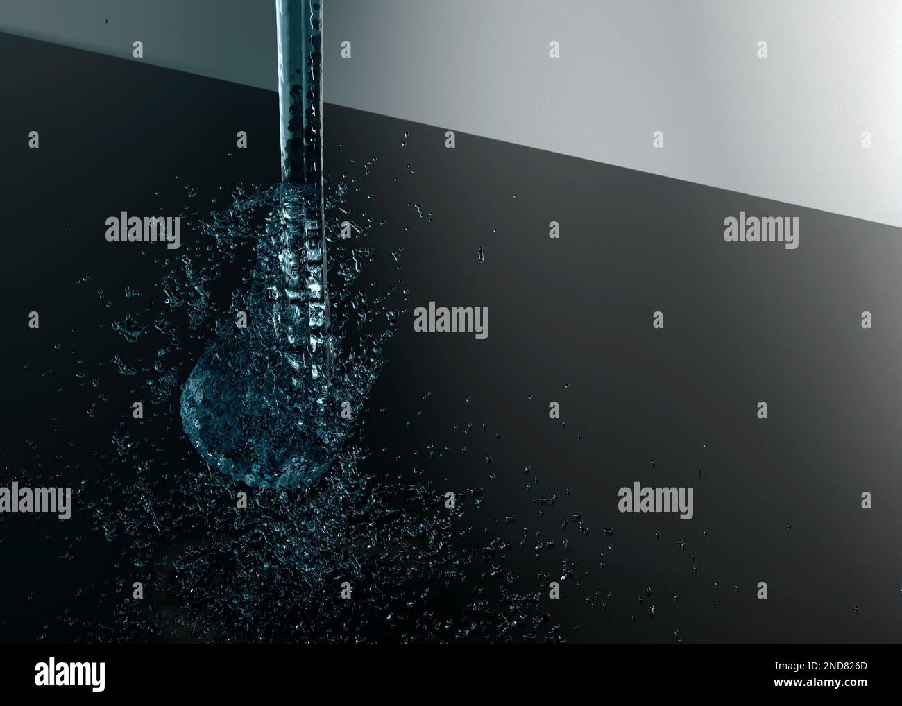 A pitcher splashing out of an empty glass with some water, dark ...