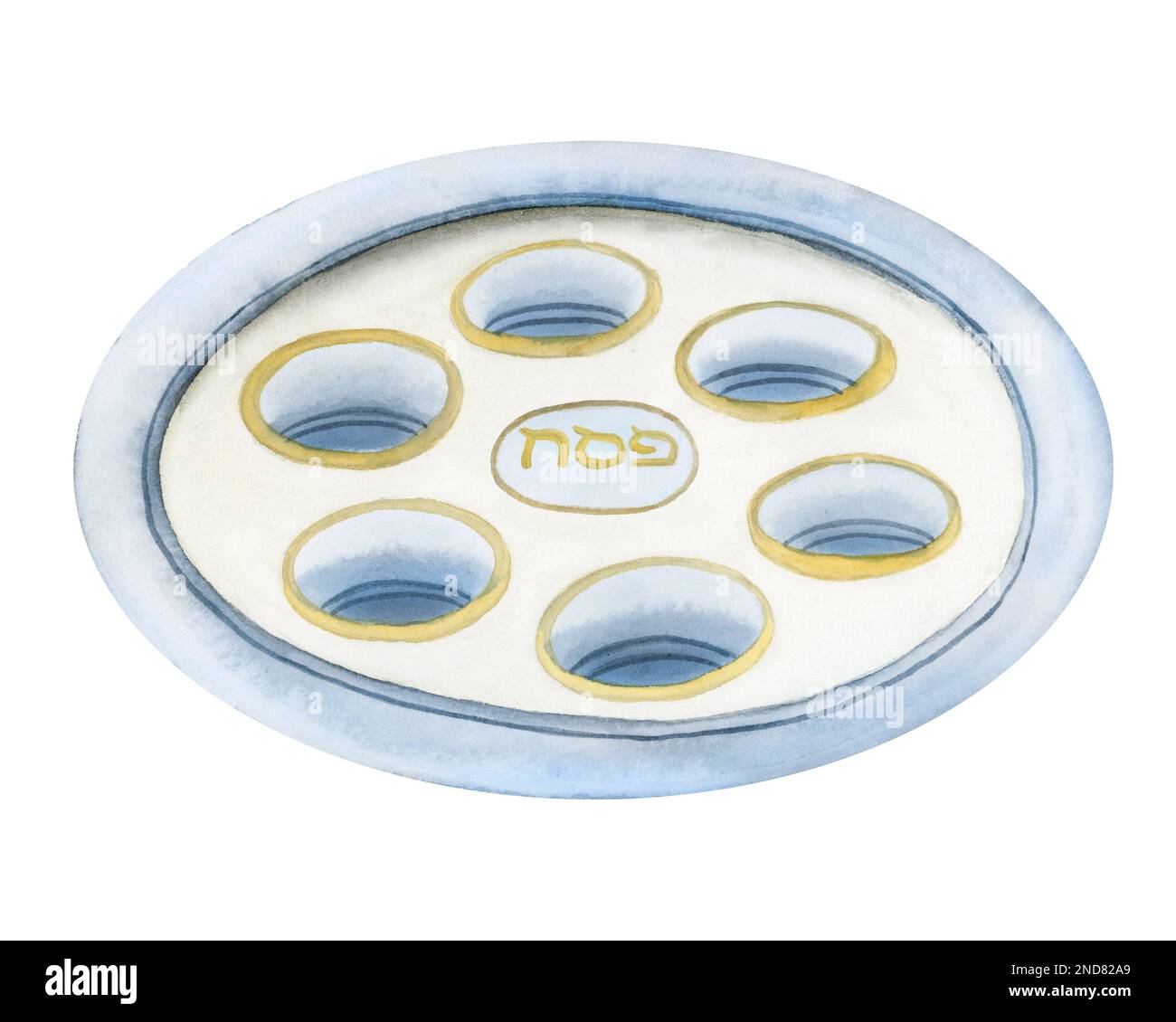 Watercolor round blue Passover Seder plate for Pesach dinner, empty ...