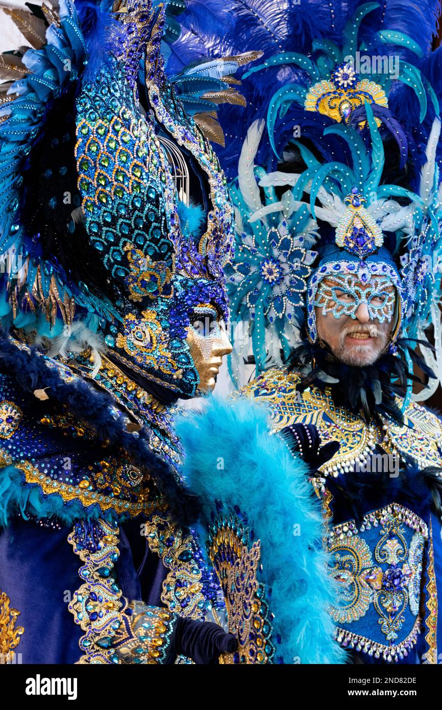 12 February 2023, Venice, Italy. Revellers in colourful costumes ...