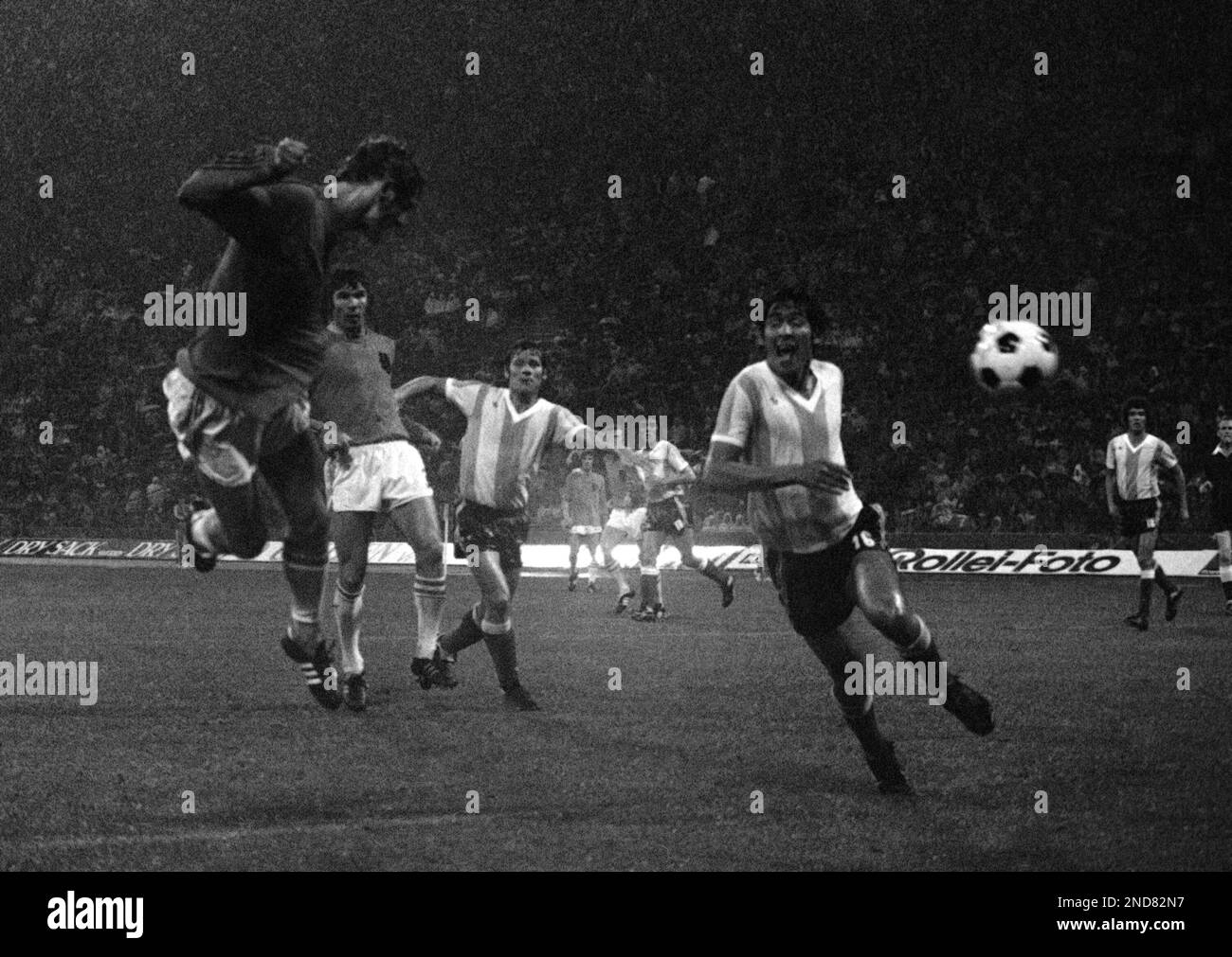Johnny Rep of Holland, left, heads the ball into the net for his team’s ...