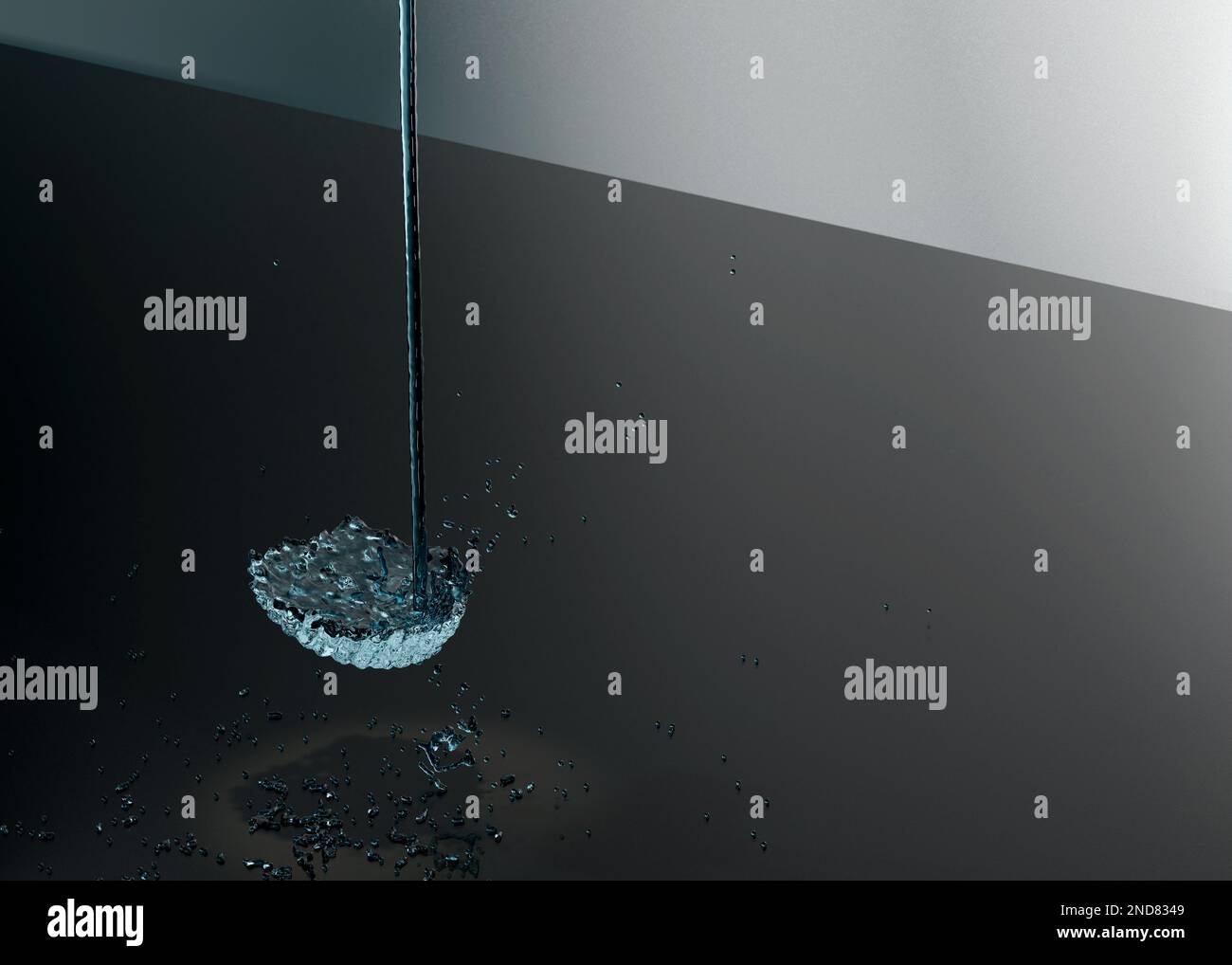 A pitcher splashing out of an empty glass with some water, dark ...
