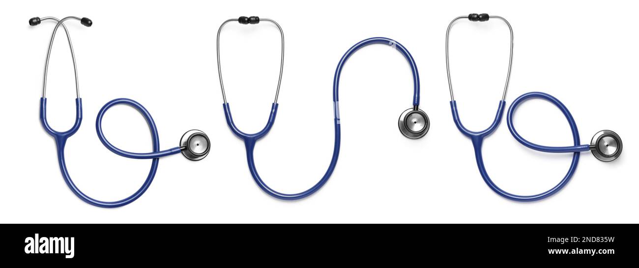 Set with stethoscopes on white background, top view. Banner design ...