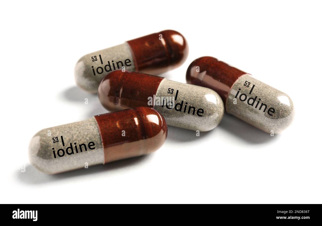 Iodine capsules on white background. Mineral element Stock Photo - Alamy