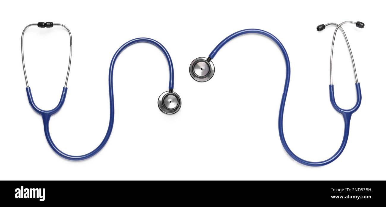Stethoscopes on white background, top view. Banner design Stock Photo ...