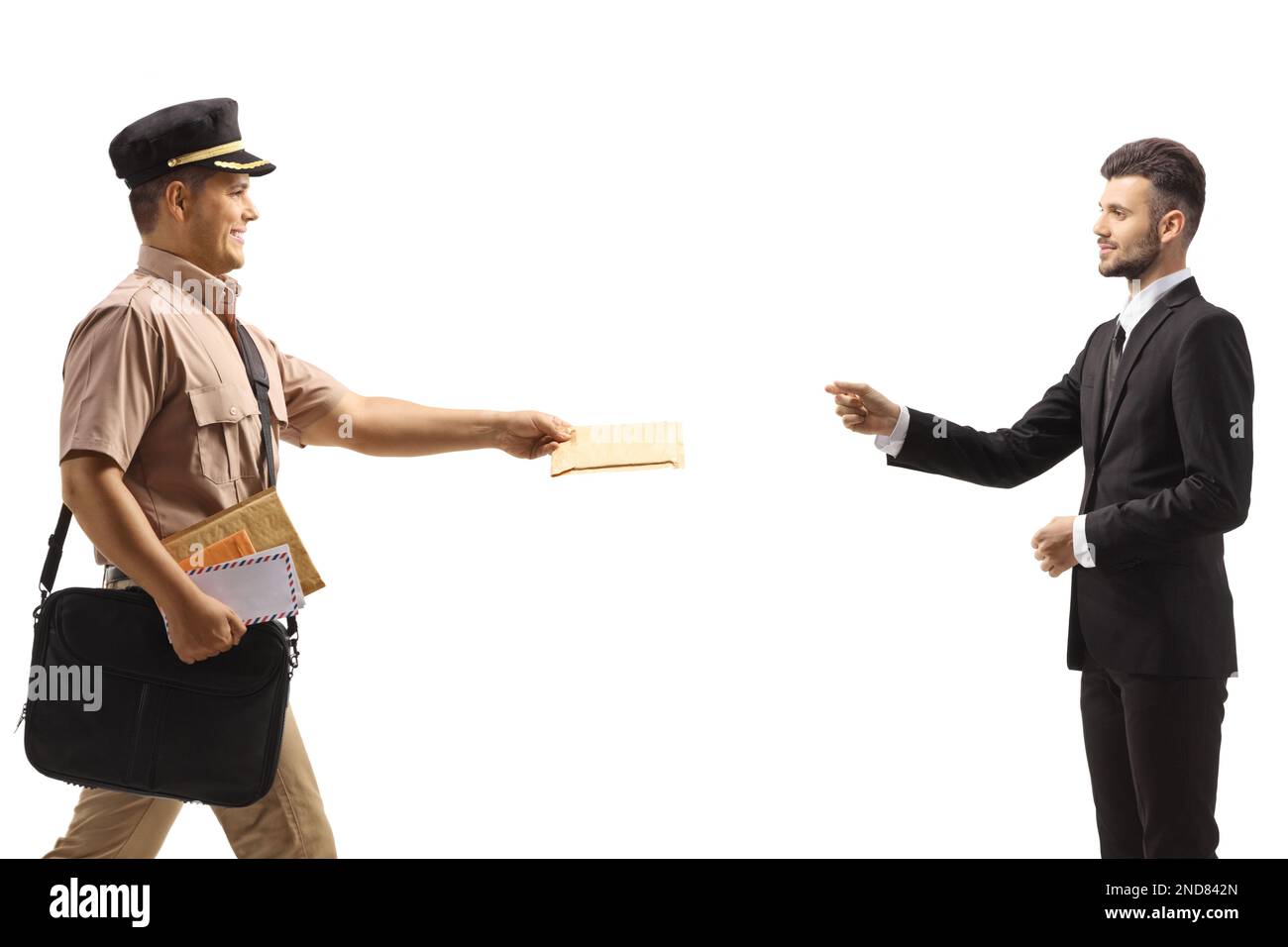 Profile shot of a mailman delivering a letter to a businessman isolated ...