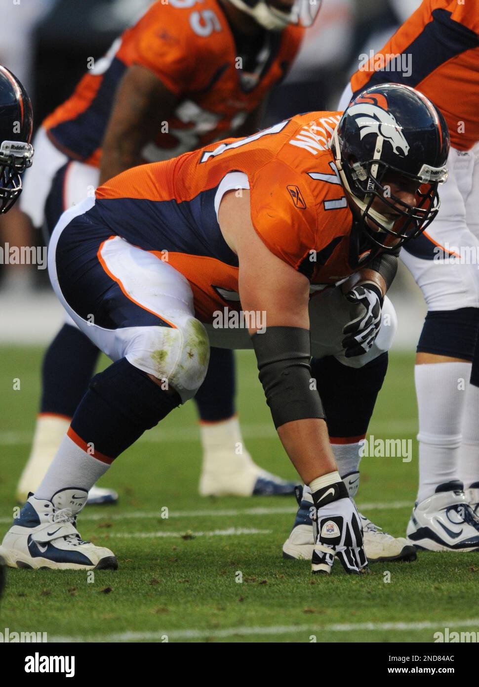 Denver Broncos guard Russ Hochstein lines up against the Detroit Lions ...