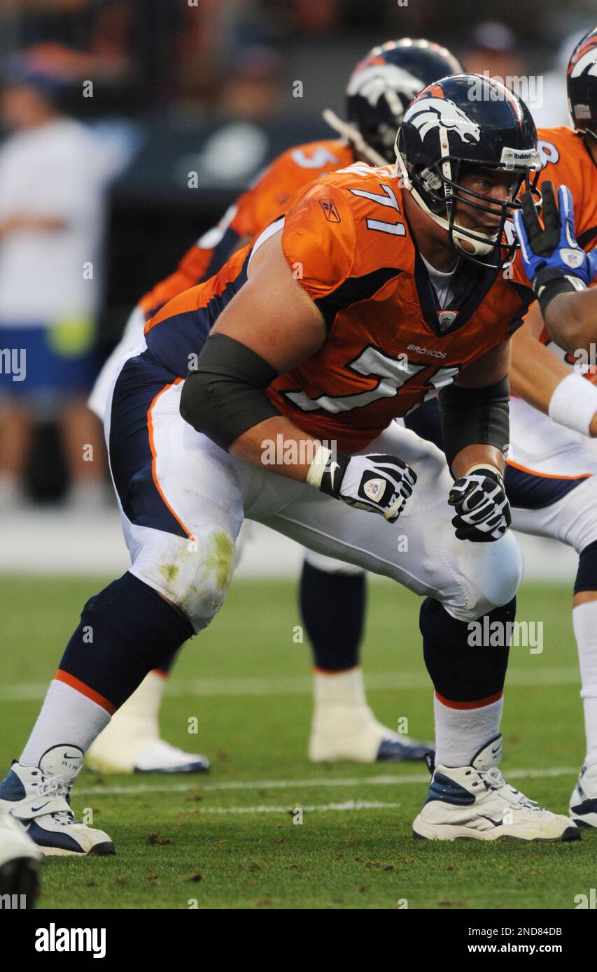 Denver Broncos guard Russ Hochstein lines up against the Detroit Lions ...