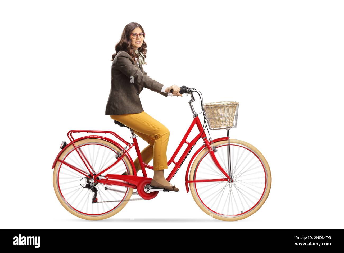 Young woman riding a bicycle to work isolated on white background Stock ...