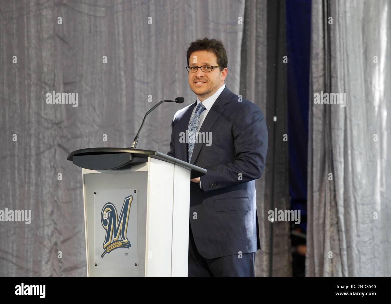 Milwaukee Brewers owner Mark Attanasio speaks at a ceremony to unveil a ...