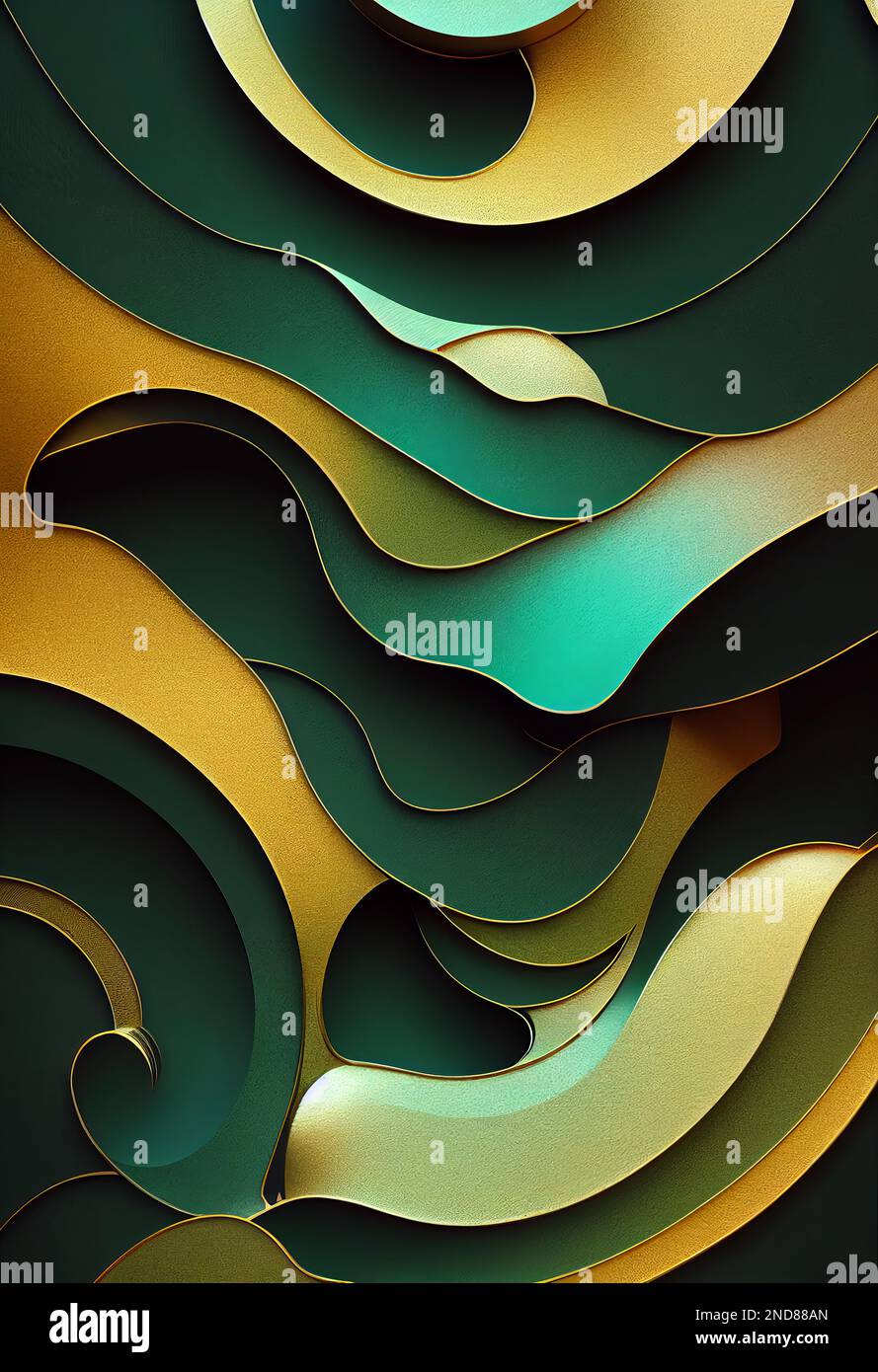 Gold and green wavy shapes abstract background. Decorative vertical ...