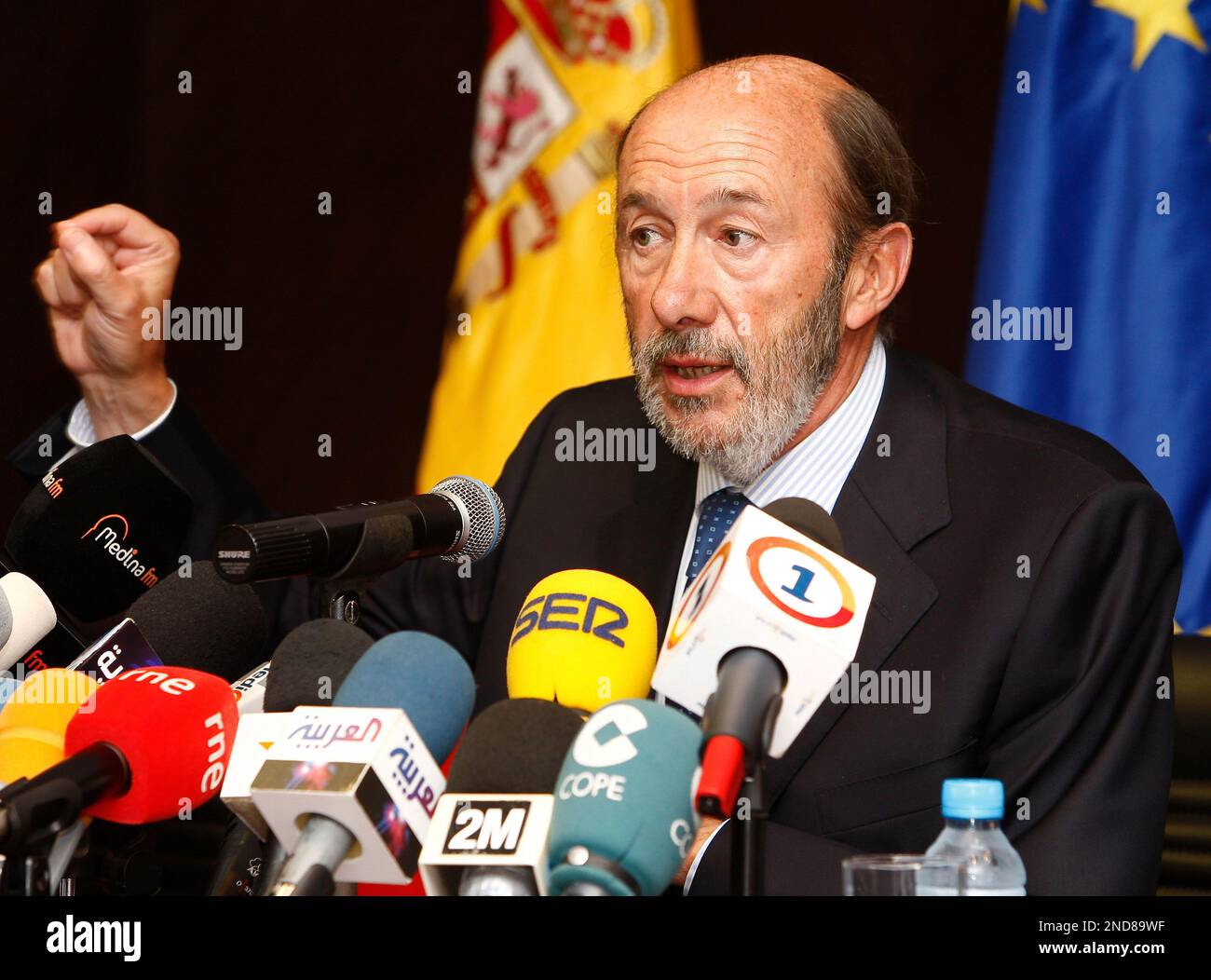 Spain's Interior Minister Alfredo Perez Rubalcaba reacts during a press ...