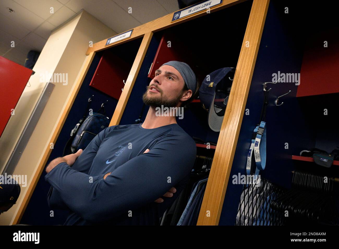 Tampa Bay Rays outfielder Josh Lowe speaks with reporters in the ...
