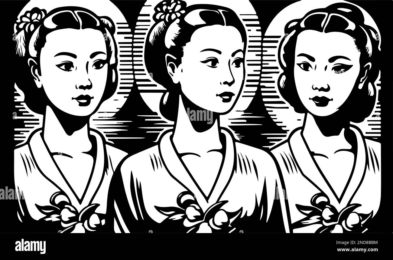 Beautiful And Trendy Black And White Linocut Pop Art Or Colouring Page
