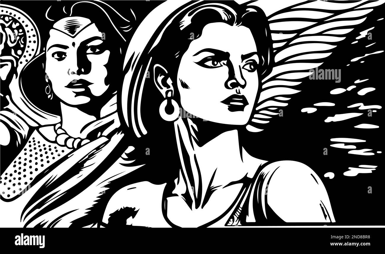 Beautiful and trendy black and white linocut popart or colouring page ...