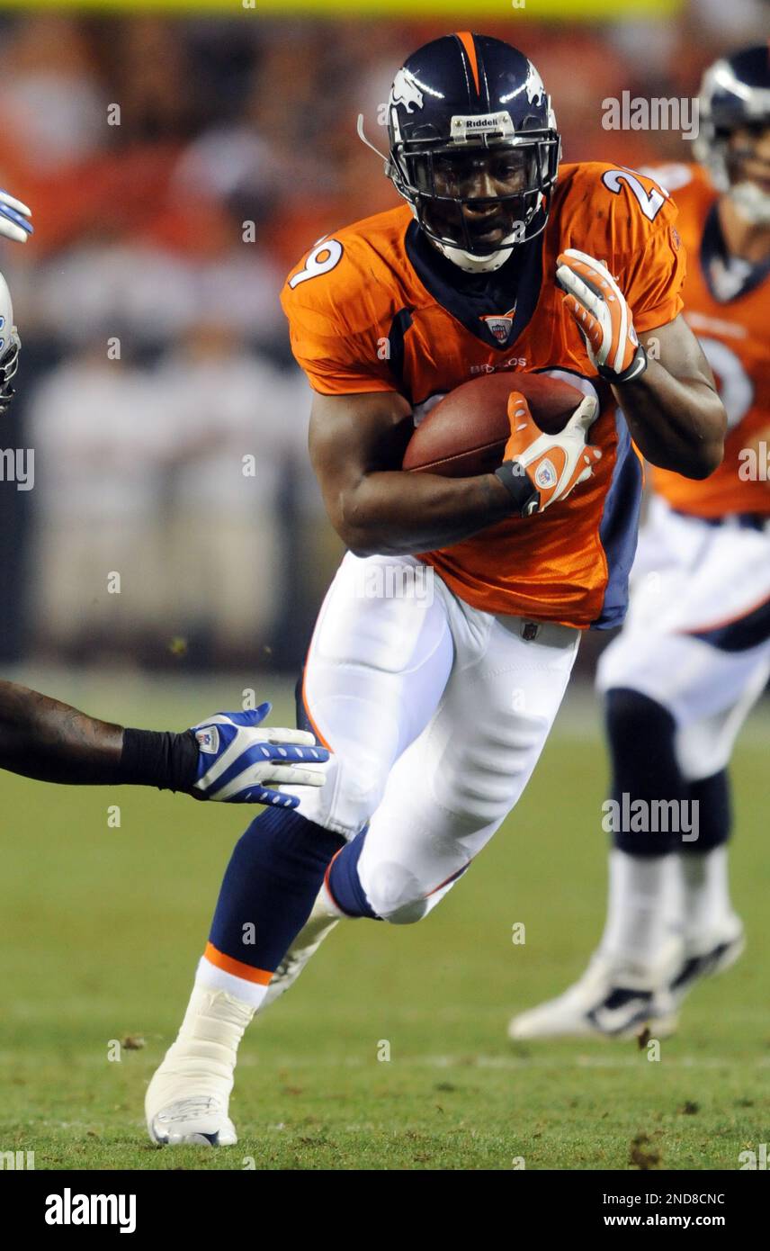 Denver Broncos running back Bruce Hall runs against the Detroit Lions ...