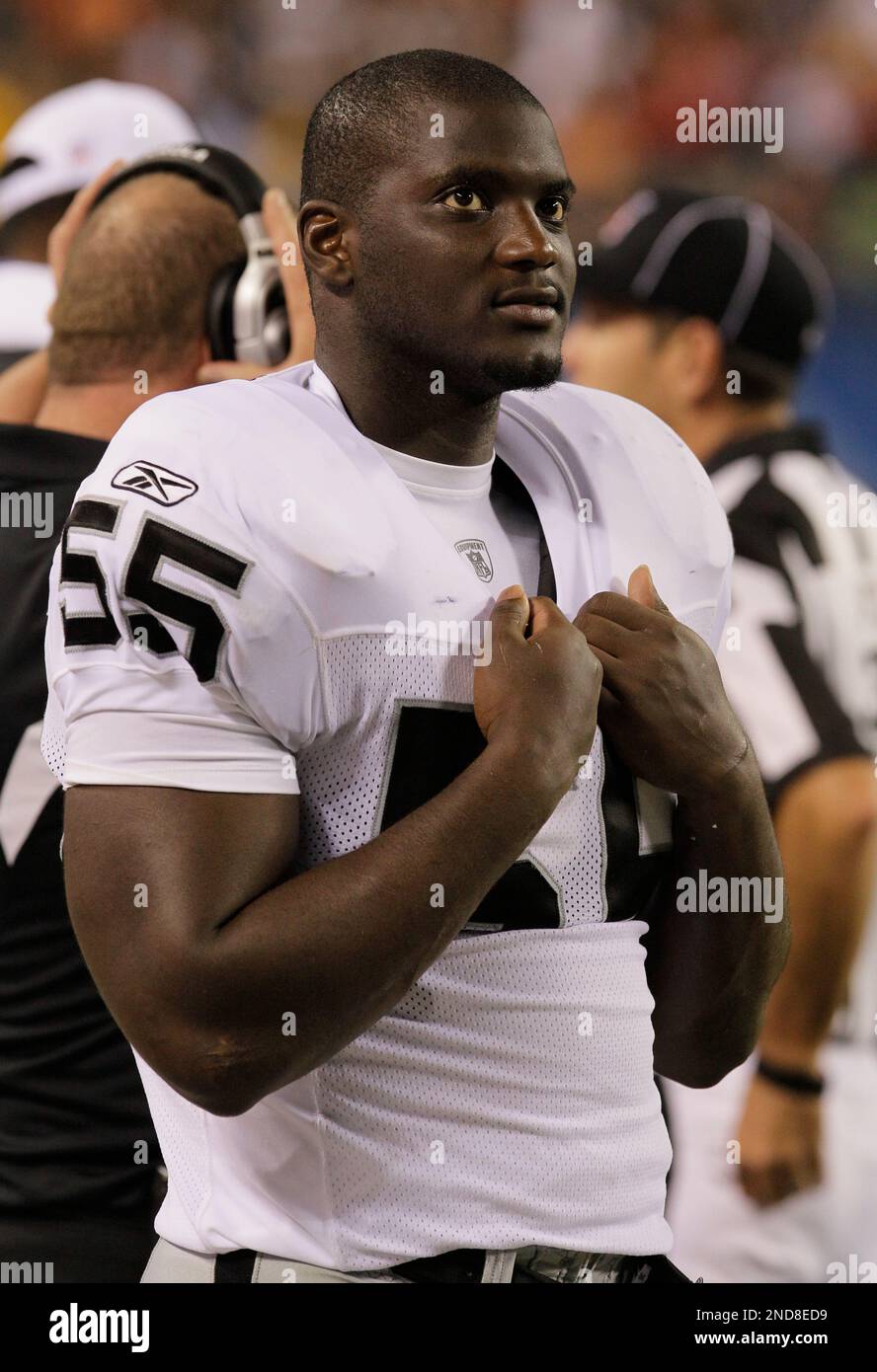 Oakland Raiders linebacker Rolando McClain looks at the replay after ...