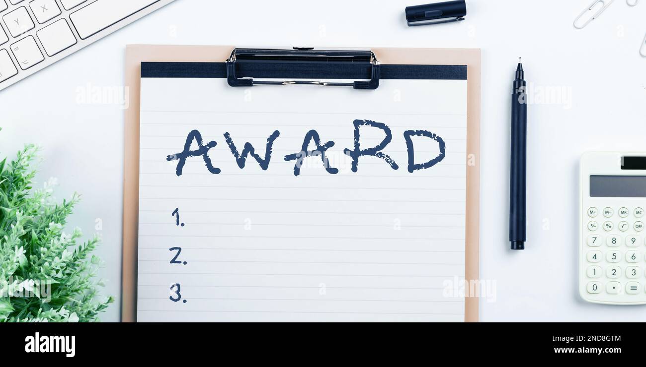 Conceptual caption Award. Word Written on Prize and other mark of ...