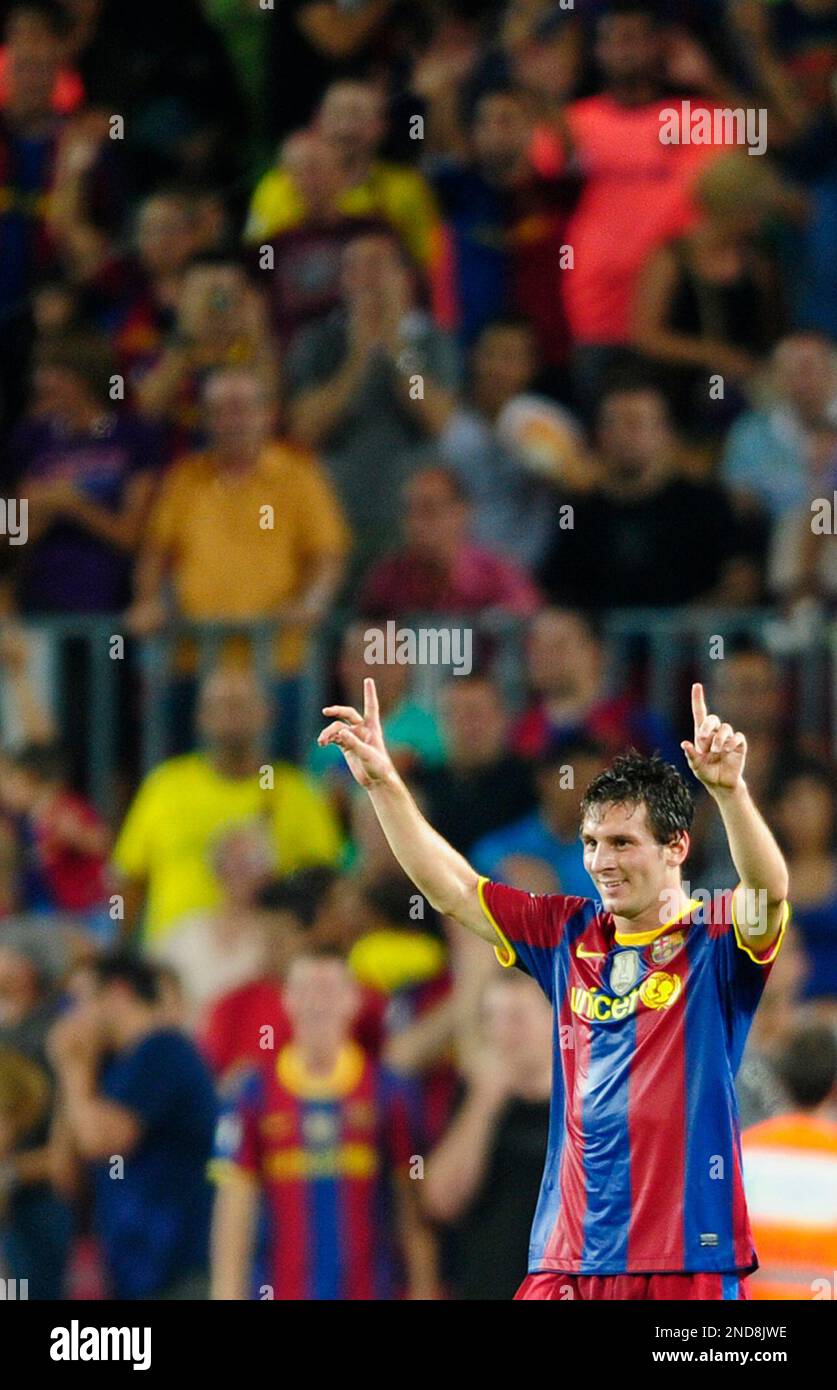 FC Barcelona's Lionel Messi from Argentina celebrates after scoring ...