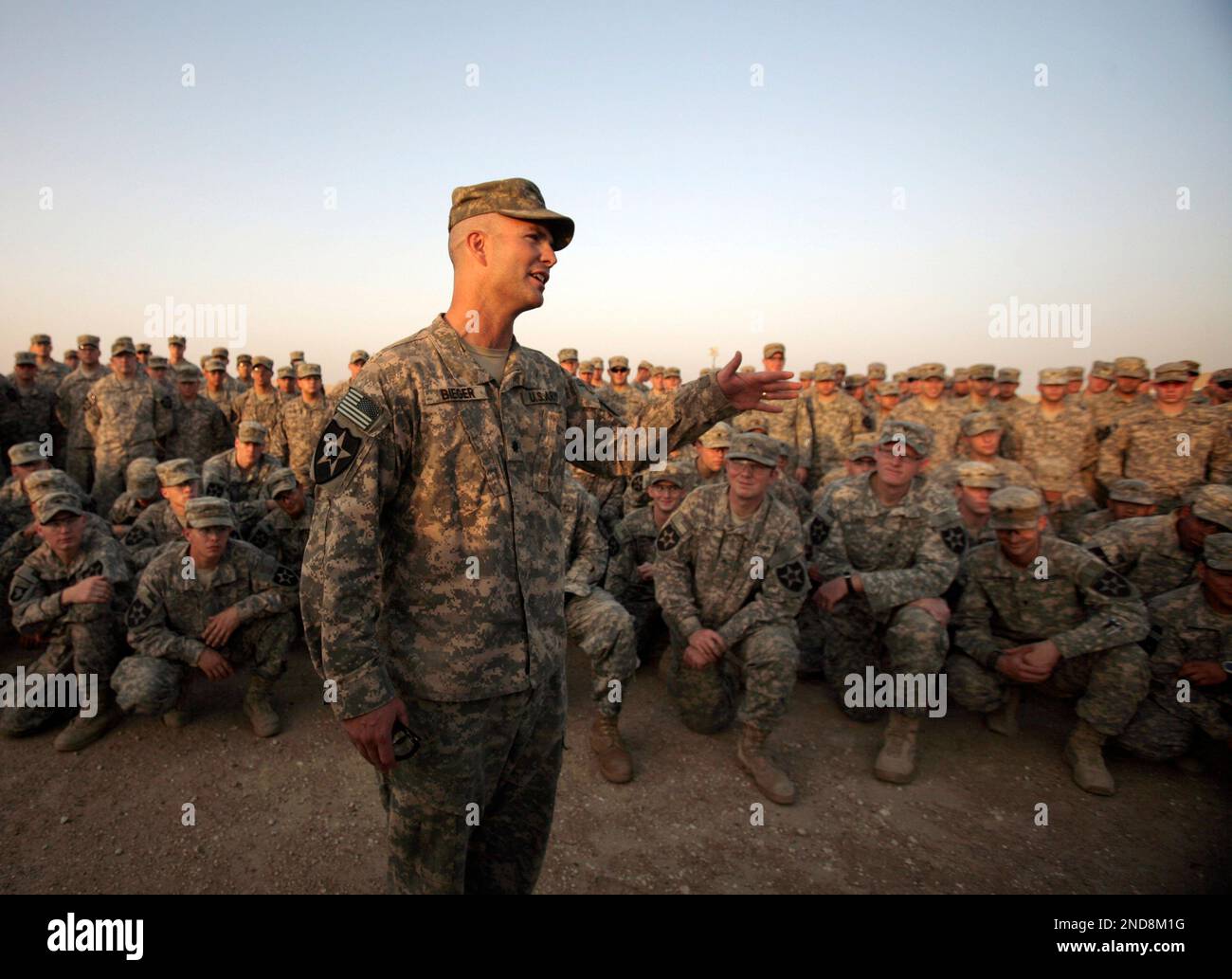 U.S. Army Lt. Col. Mark Bieger, commander of 4th Battalion, 9th Infantry Regiment, speaks to his ...