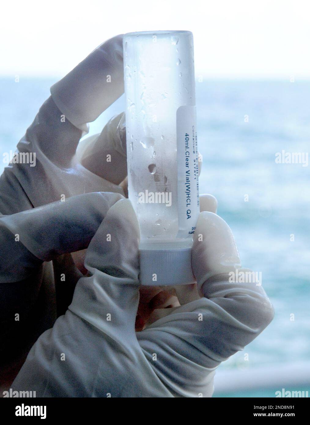 Hydrographer Rachel Medley observes a sample from a water column ...
