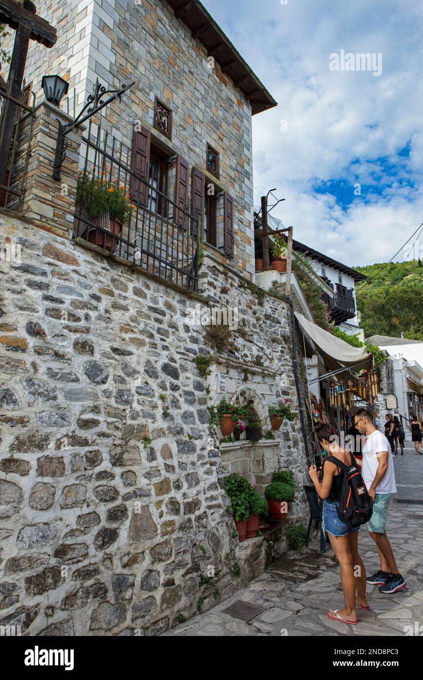 Street view of Makrinitsa village, a spectacularly traditional greek ...