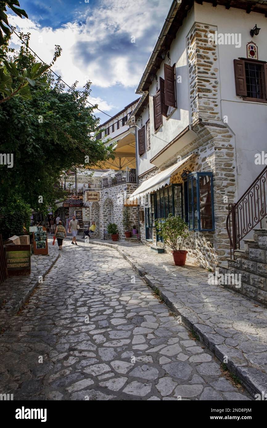 Street view of Makrinitsa village, a spectacularly traditional greek ...