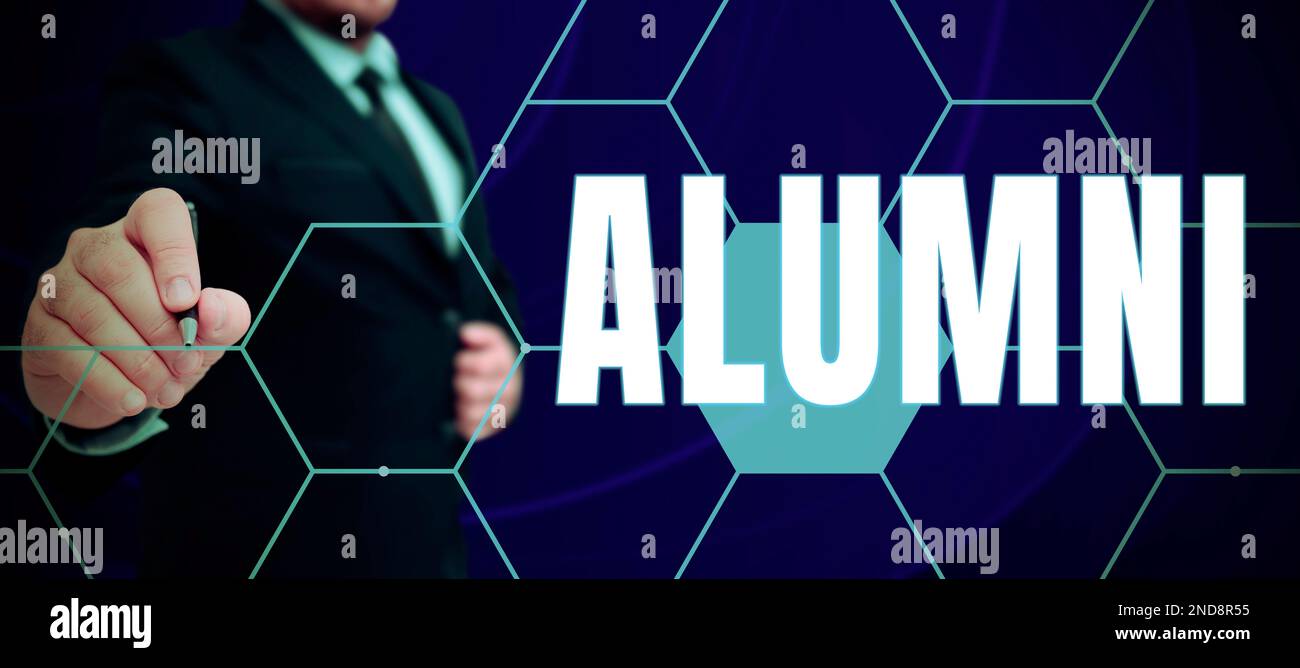 Text caption presenting Alumni. Concept meaning former pupil or student ...