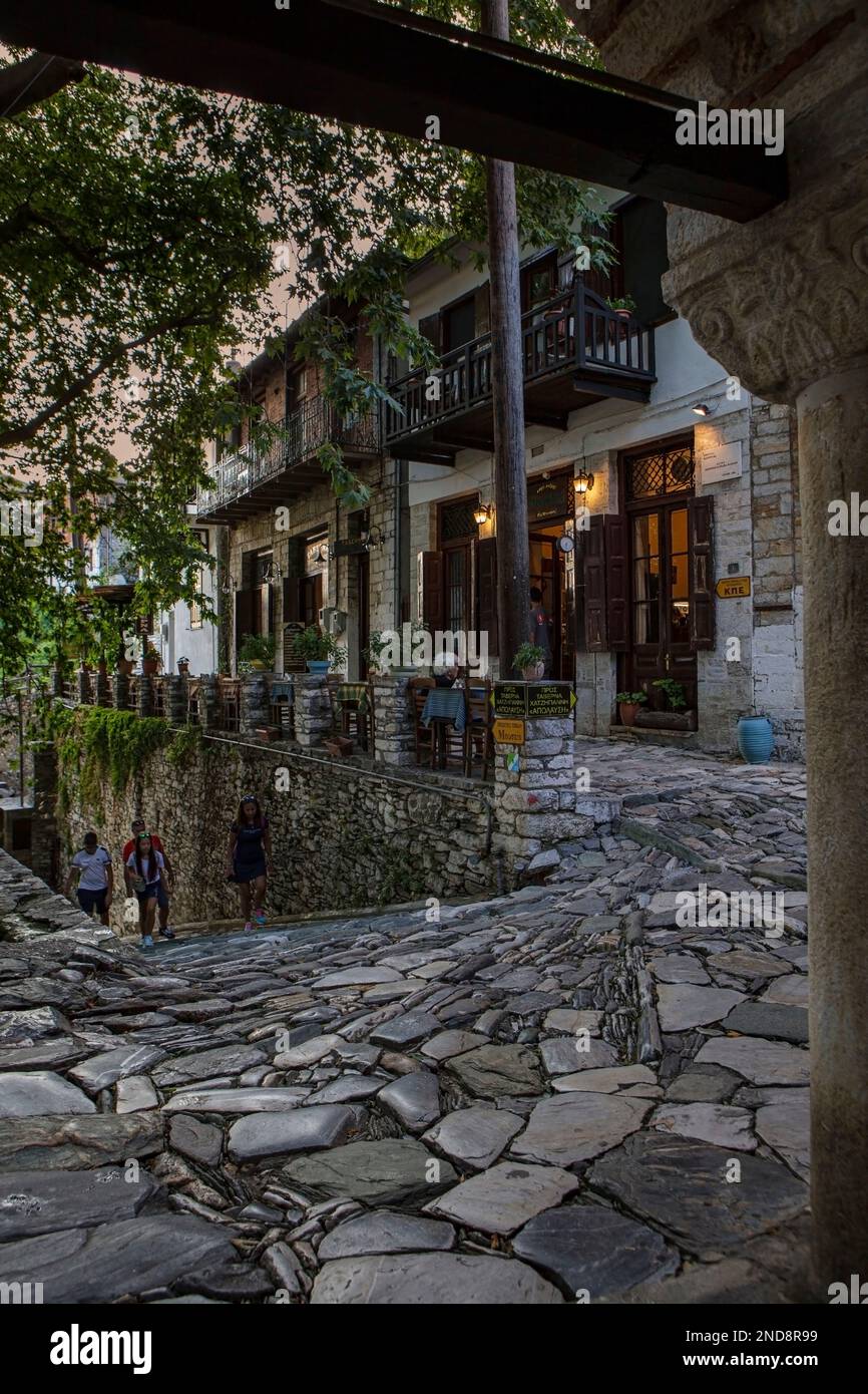 Street view of Makrinitsa village, a spectacularly traditional greek ...