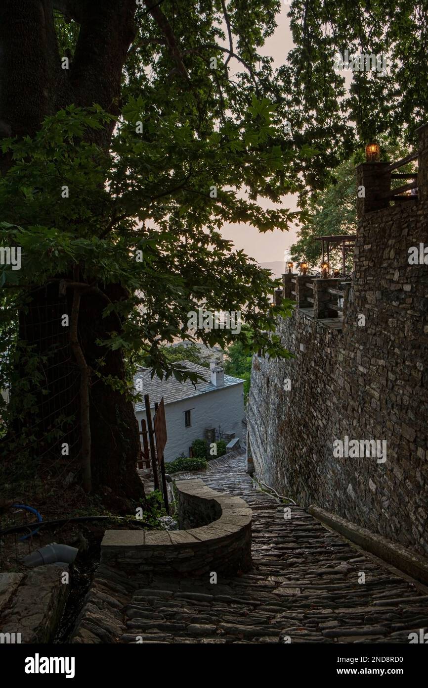 Street view of Makrinitsa village, a spectacularly traditional greek ...