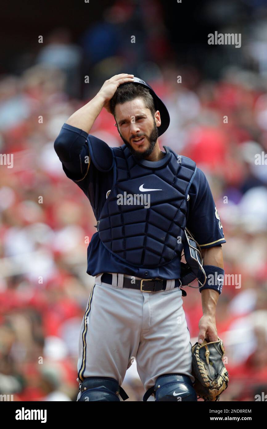 Milwaukee Brewers catcher George Kottaras takes up his position during ...