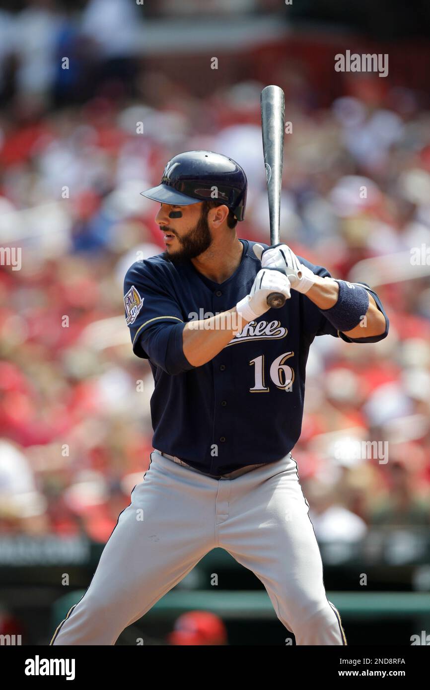 Milwaukee Brewers catcher George Kottaras bats during a baseball game ...