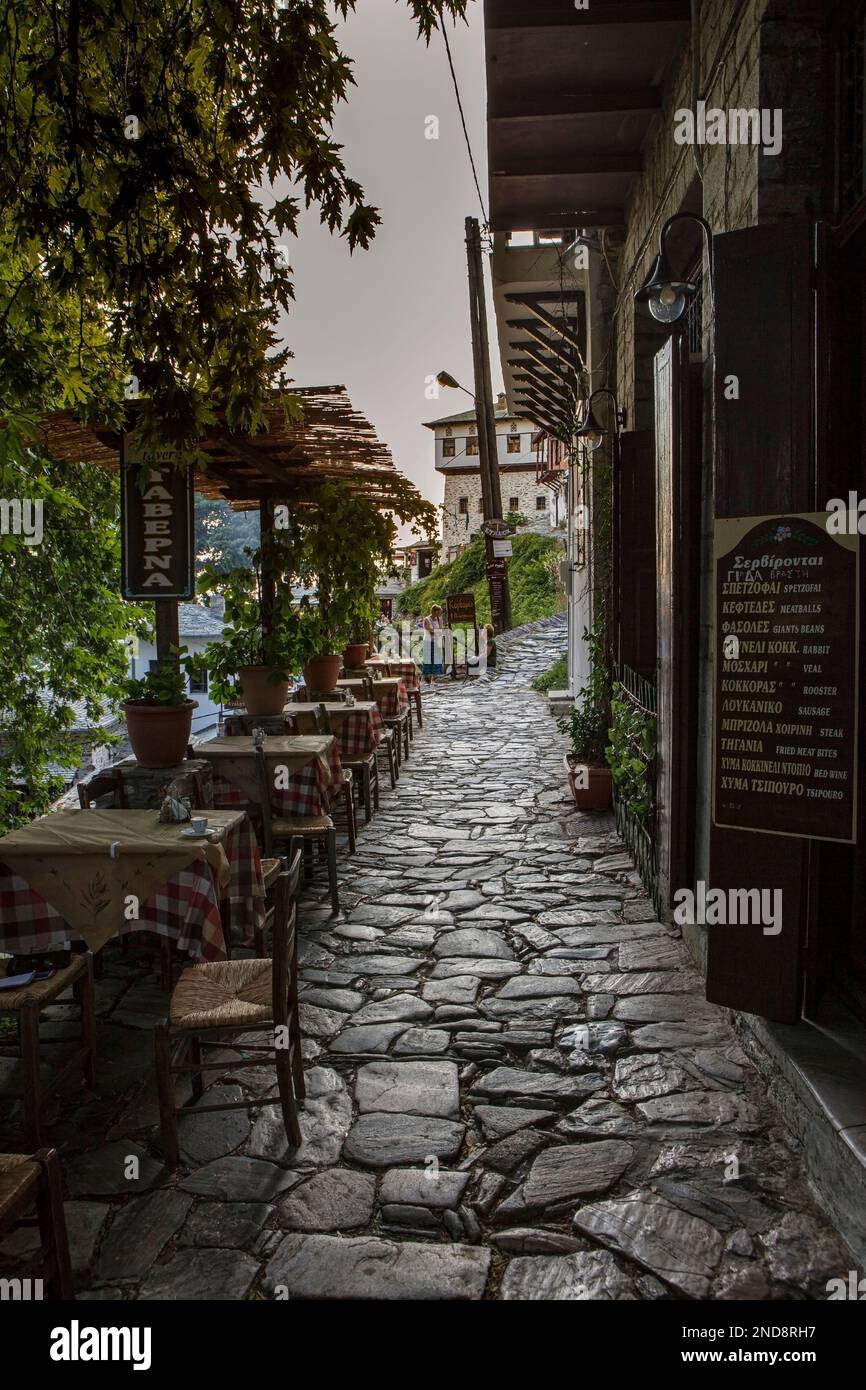 Street view of Makrinitsa village, a spectacularly traditional greek ...