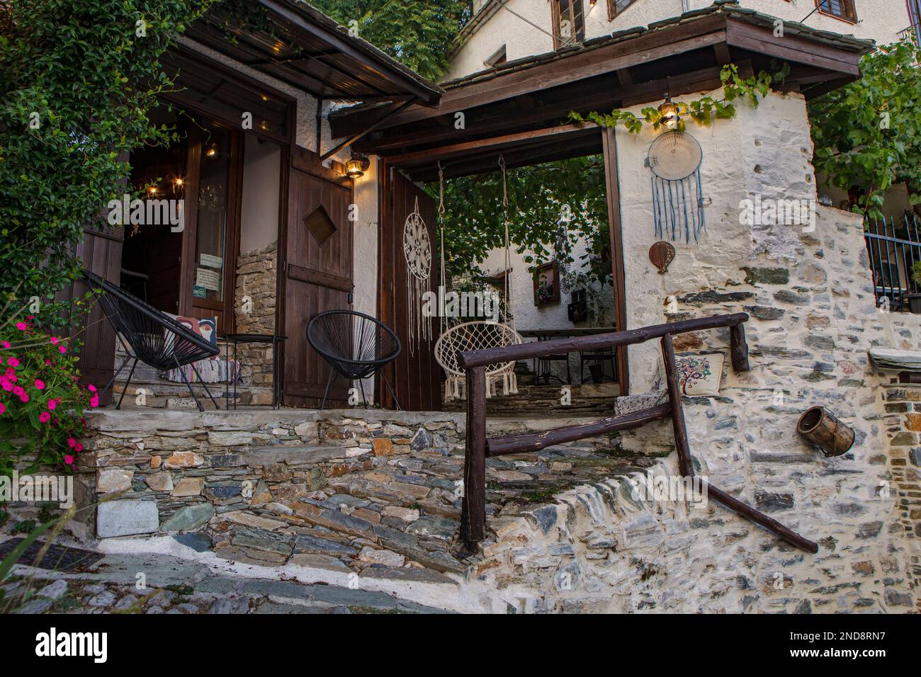 Street view of Makrinitsa village, a spectacularly traditional greek ...