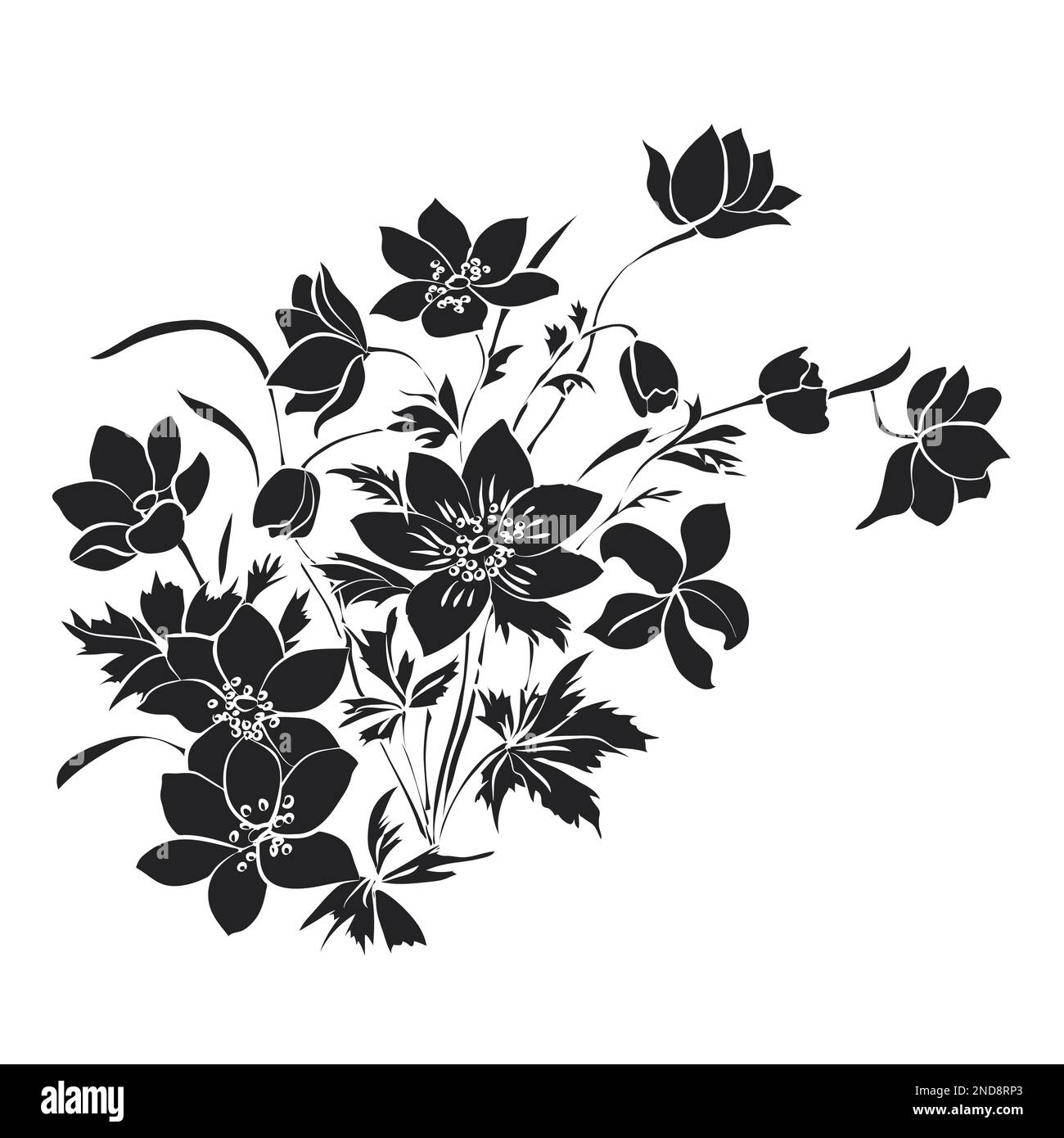 Bouquet of spring flowers. Black silhouette on white background. Vector ...
