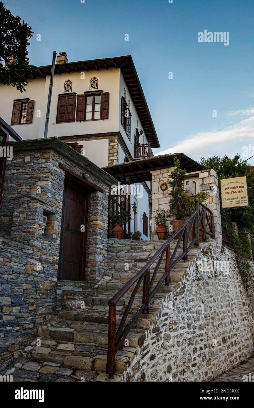 Street view of Makrinitsa village, a spectacularly traditional greek ...